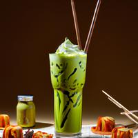 Grande matcha iced latte with oat milk and three pumps of vanilla syrup ...