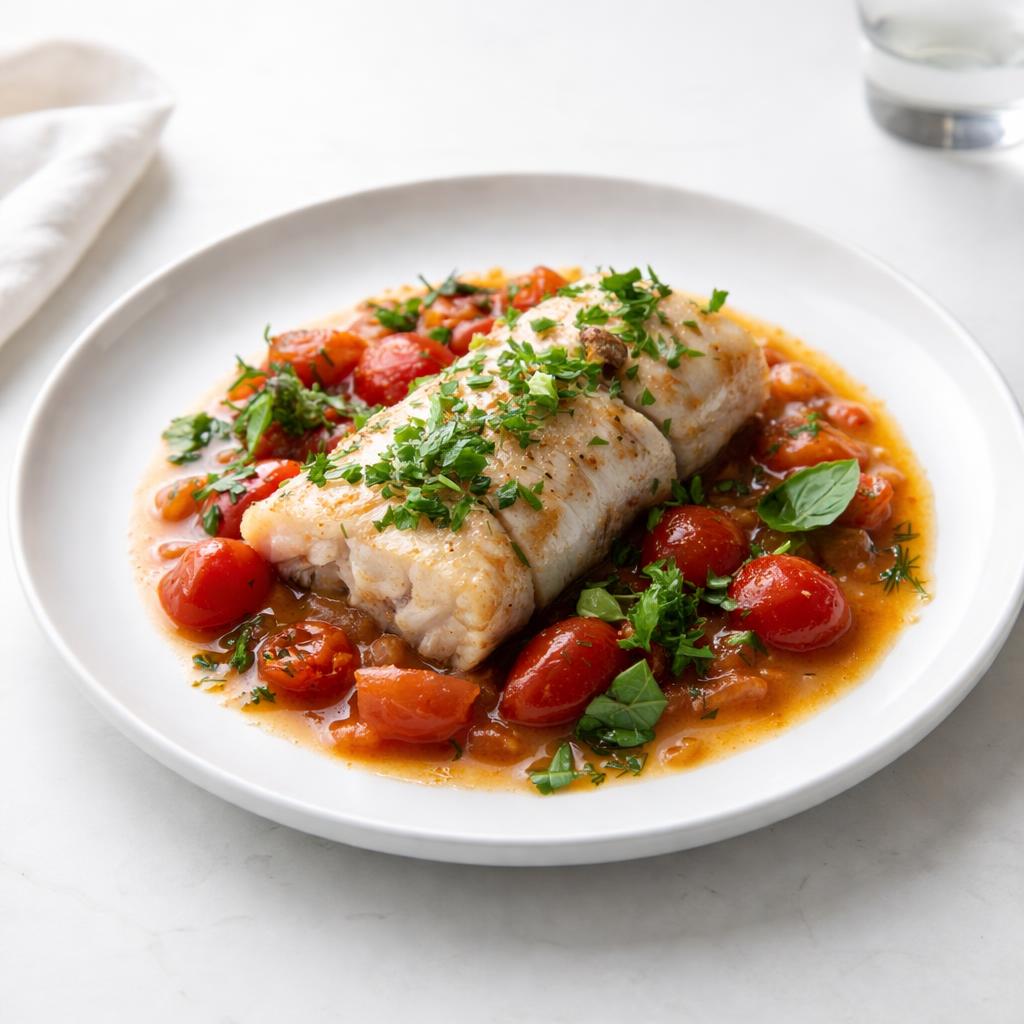 Pescado estofado bajo en carbohidratos con tomates y hierbas Recipe